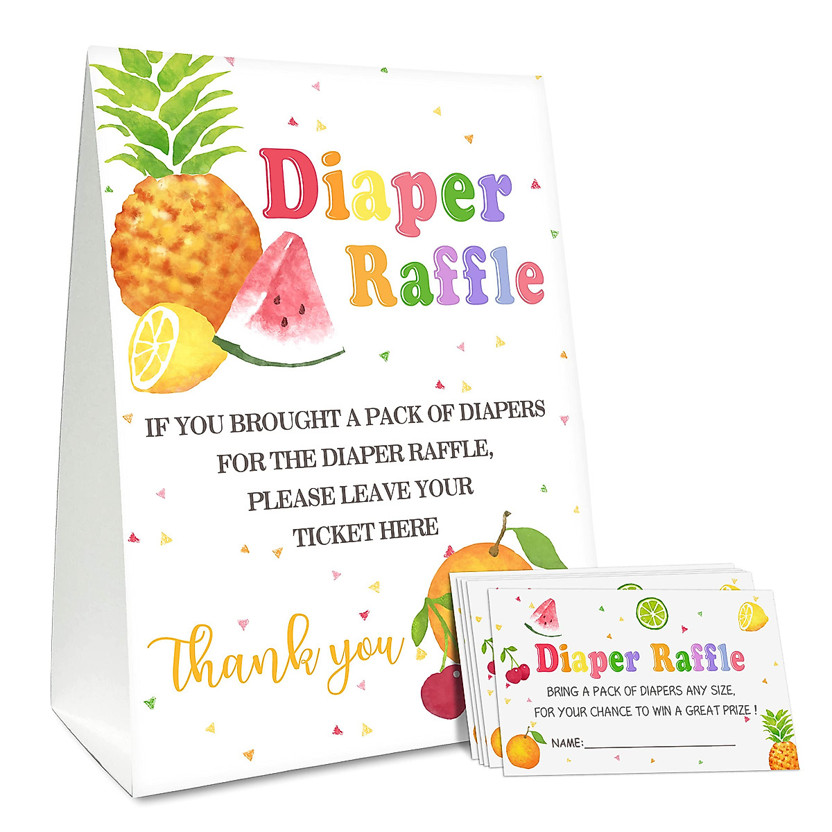 Diaper Raffle Baby Shower Game, 1 Standing Sign and 50 Tickets, Fruits Theme Gender Neutral For Boys or Girls, Bring A Pack of Diapers for Mom-To-Be, (038)