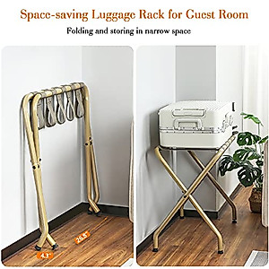 ELYKEN 2 Pack Folding Luggage Rack for Guest Room, Heavy Duty Max 110LBS Loading Bearing Suitcase Holder, Easily Assemble Metal Stand, Narrow Foldable Space Saving Hotel Storage Rack, Gold
