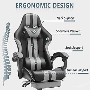 Ferghana Grey Gaming Chairs with Footrest,PC Gaming Chair,Computer Chair, E-Sports Chair,Ergonomic Office Chair with Adjustable Headrest and Lumbar Support(Grey)