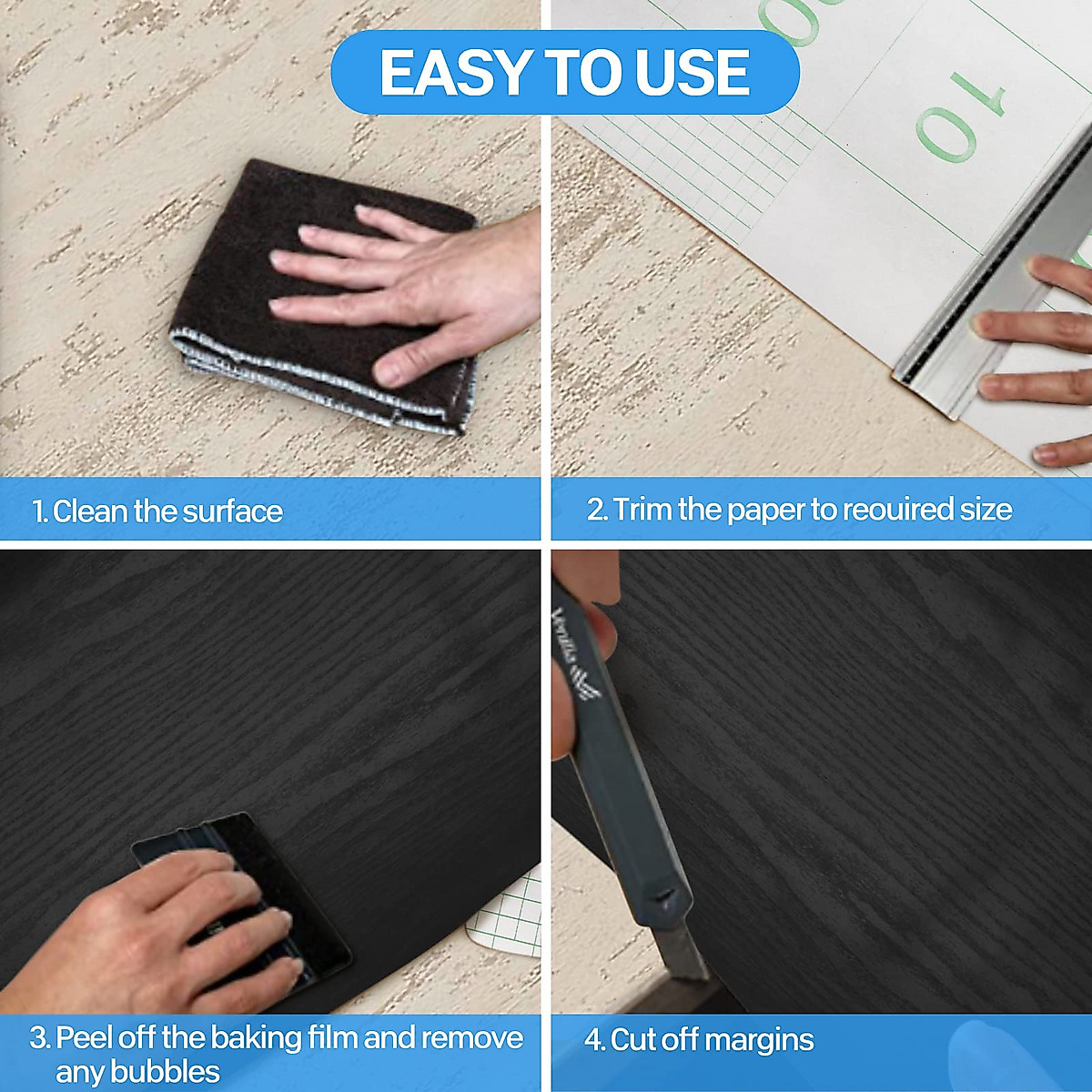 seonta Wood Contact Paper Black 16"x118" Wood Peel and Stick Wallpaper Waterproof Self Adhesive Wallpaper Table Sticker Cover Wood Vinyl Wrap for Countertop Desk Table Cabinets