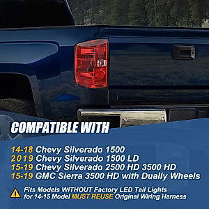 Auto Dynasty Factory Style Rear Tail Lights Brake Lamps with Wiring Harness Compatible with Chevy Silverado 1500 2500 3500 14-19, Driver Left Side, Red Lens