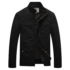 WenVen Men's Casual Lined Military Jacket Light Canvas Windbreaker (Black, M)