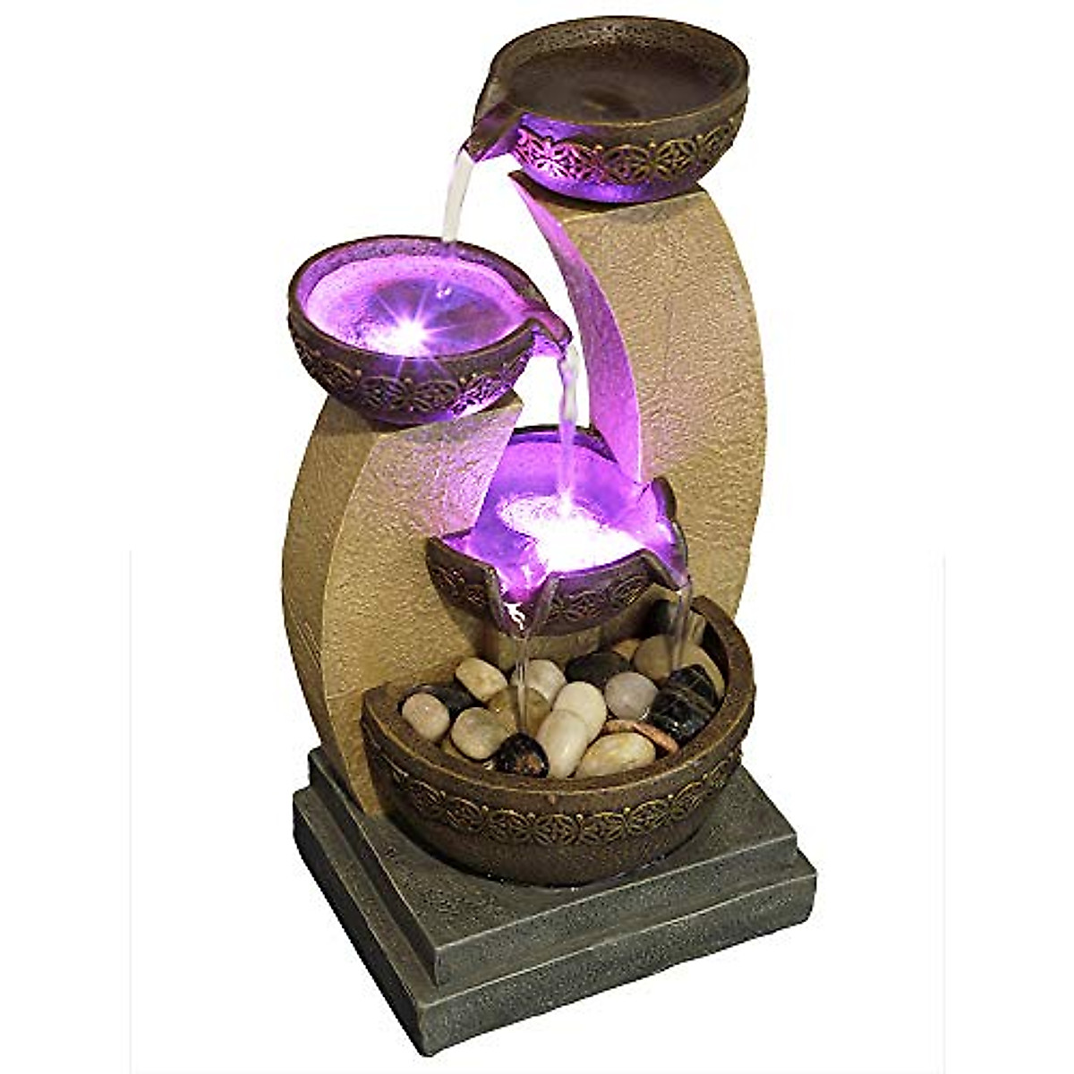 11" H Golden Tiered Bowl Fountain with Color Changing LED Lights with Adapter Brown