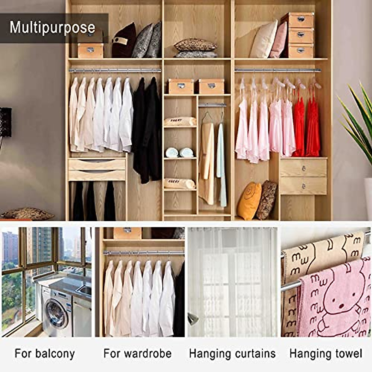 Closet Pole, Closet Rod with Telescopic Adjustment, with Wardrobe Rail Rod Pole Socket and Screws, Clothes Rod for Closet, Suitable for Wardrobes, Cabinets, Bathrooms, Balconies (12.2‘’-20.5‘’)