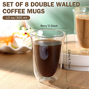 8 Pack 10 oz Double Walled Coffee Mugs Glass Espresso Cups without Handle Clear Thermo Insulated Demitasse Cups for Cappuccino Tea Latte Beverages