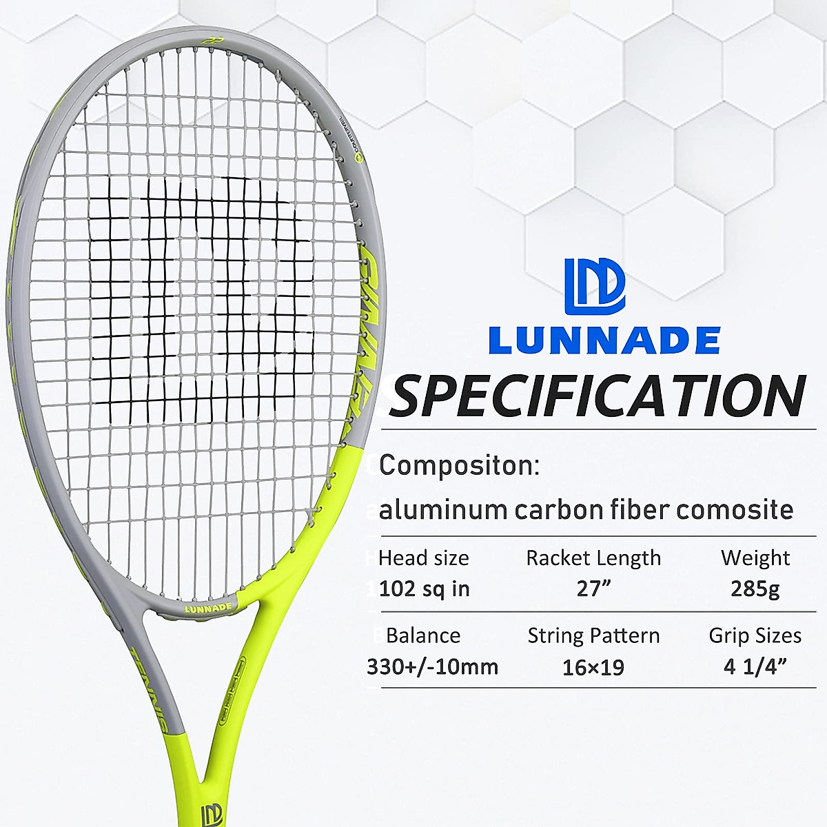 LUNNADE Adults Tennis Racket 2 Pack, Durable 27 Inch Coupled Tennis Racquet Light-Weight, Pre-Strung and Regrip, Suitable for Beginners to Intermediate Players