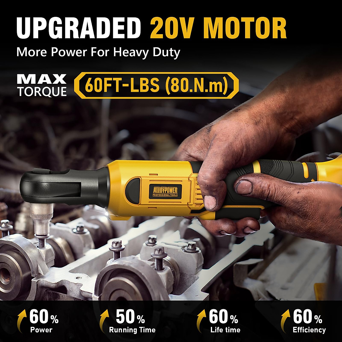 3/8" Cordless Ratchet Wrench Set, 60FT-LBS(80N.m) Electric Ratchet, 2 X 20V Chargeable Power Ratchet Wrench with Variable Speed, LED Light, 6 Sockets, 1/4" Adapter, 3" Extension Rod