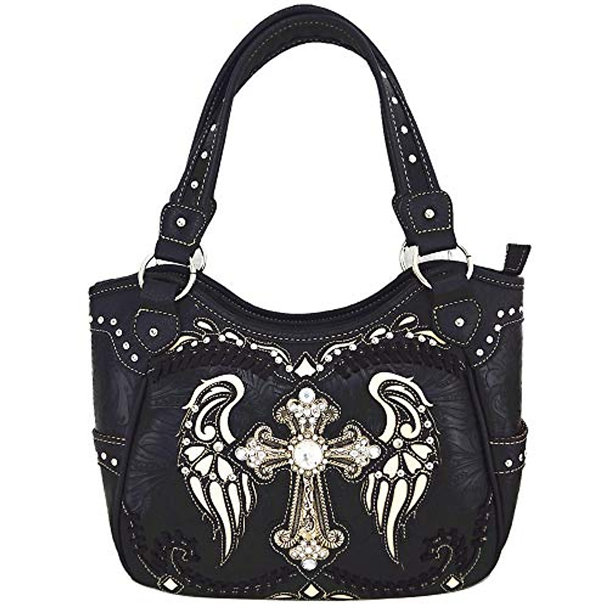 Western Style Cross Laser Cut Wings Purse Concealed Carry Handbags Women Country Shoulder Bag Wallet Set (#4 Black Set)