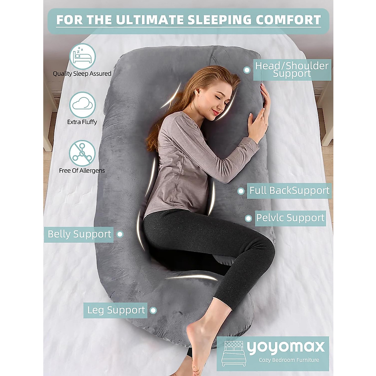 yoyomax U-Shaped Pregnancy Pillows, Memory Foam Pregnancy Pillow Full Body Maternity Pillow with Removable Cover-57 Inch Pregnancy Pillows for Sleeping-Darkgrey