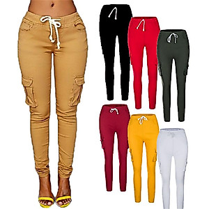 Andongnywell Womens Solid Color Stretch Drawstring Skinny Pants Cargo Joggers Butt Lift Pant with Pockets (red,X-Large)