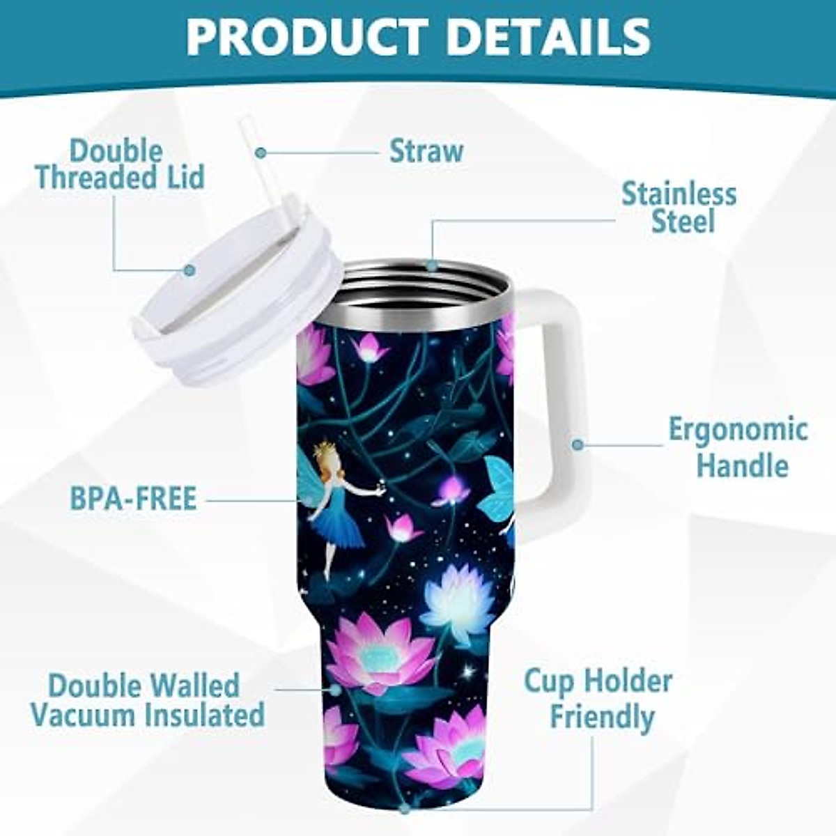 ODAWA 40oz Travel Insulated Tumblers with Handle and Straw, Flowers Night Double Wall Insulated Tumbler
