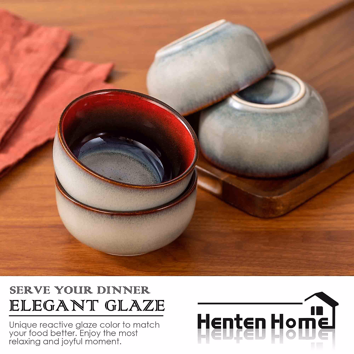 Henten Home Ceramic Small Bowl Set of 4, 8 oz Porcelain Bowls for Snack, Rice, Soup, Noodle, Serving Stoneware Bowls, Reactive Glaze, Microwave & Dishwasher Safe (Red)