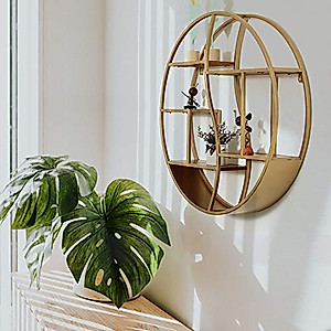 GLCS GLAUCUS Floating Shelves Wall Mounted,Rustic Decor Wood Wall Shelf Round Metal Wall Mount Display Organizer Holder for Home Decor,Gold