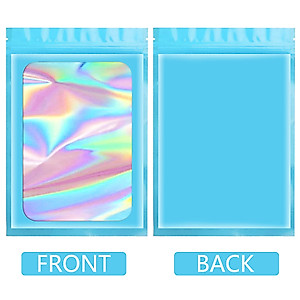 Funfery 100 pcs Blue Smell Proof Mylar Holographic Bags Packaging Bags,Clear Resealable Odor Proof Bags Foil Pouch Bags for Food Storage,Lipgloss,Jewelry,Eyelash Packaging for Small Business(3x4.7In)