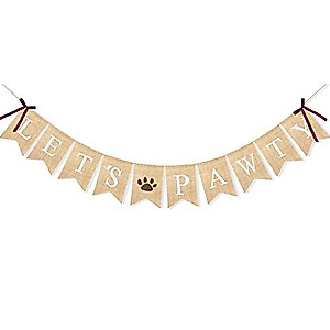 Uniwish Burlap Let’s Pawty Banner Dog Birthday Party Decorations Puppy Pet Dogs Cats Happy Birthday Paw Print Sign Photo Backdrop