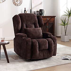 IPKIG Manual Recliner Chair - Swivel Rocker Recliner Chair, Velvet Fabric Recliner Sofa Chairs with 2 Cup Holders, Lumbar Pillow and Side Pockets for Nursery Living Room (Coffee- Manual Recliner)