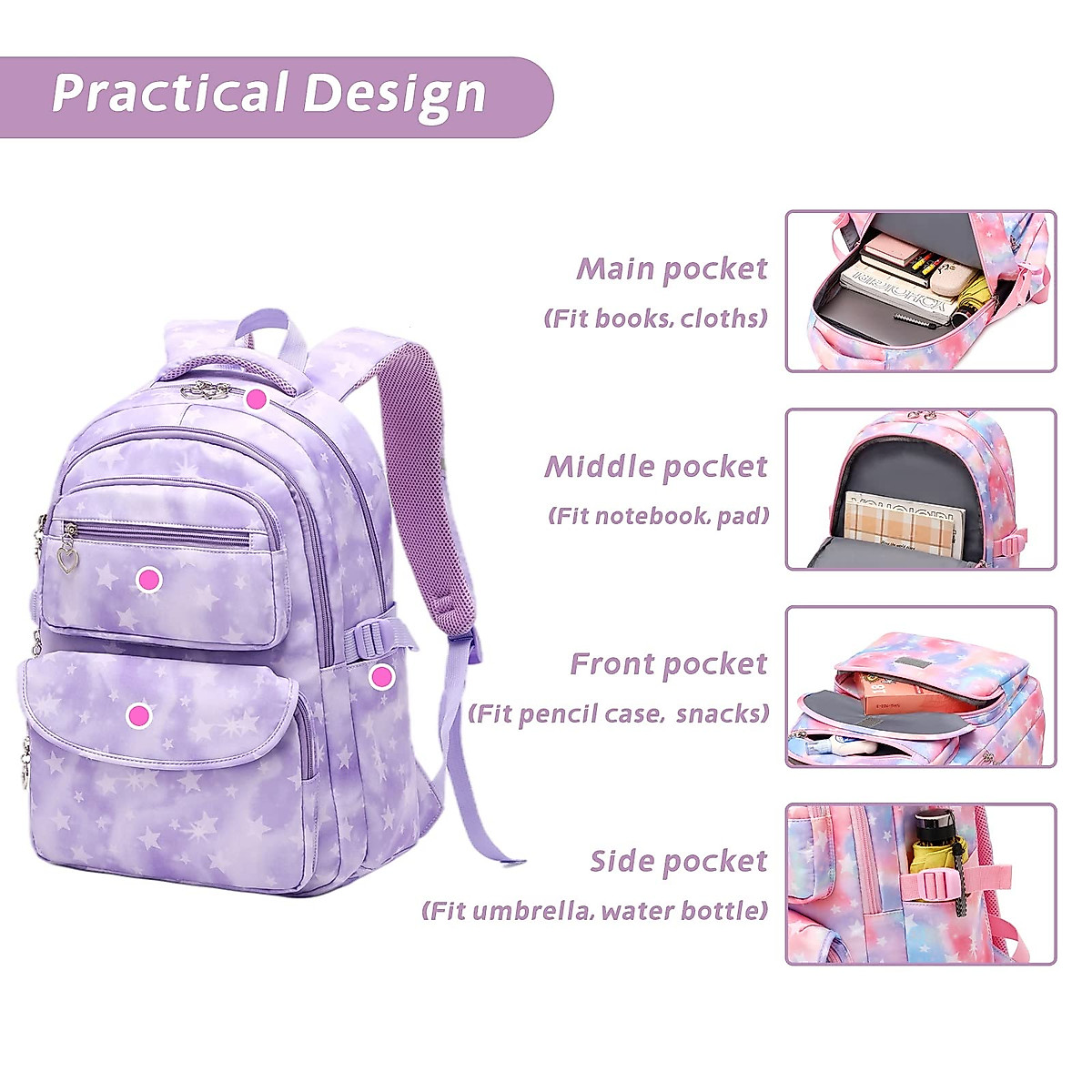 Tanou Backpacks for Girls 3PCs with Lunch Bag Pen Case, Lightweight Breathable Teens Girl Bookbags Sets for Primary Middle School, 22 Liters Cute Back Pack for Teenager 4+ Years, Purple Star