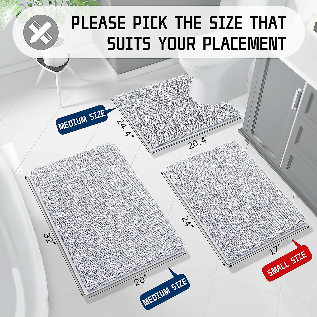 Yimobra Bathroom Rug Mat, 32'' x 20'', Luxury Chenille Shaggy Bath Rugs, Extra Soft & Thick, Absorbent Water, Non-Slip, Machine Washable, Bath Mats for Bath Floor,Tub and Shower, Silver