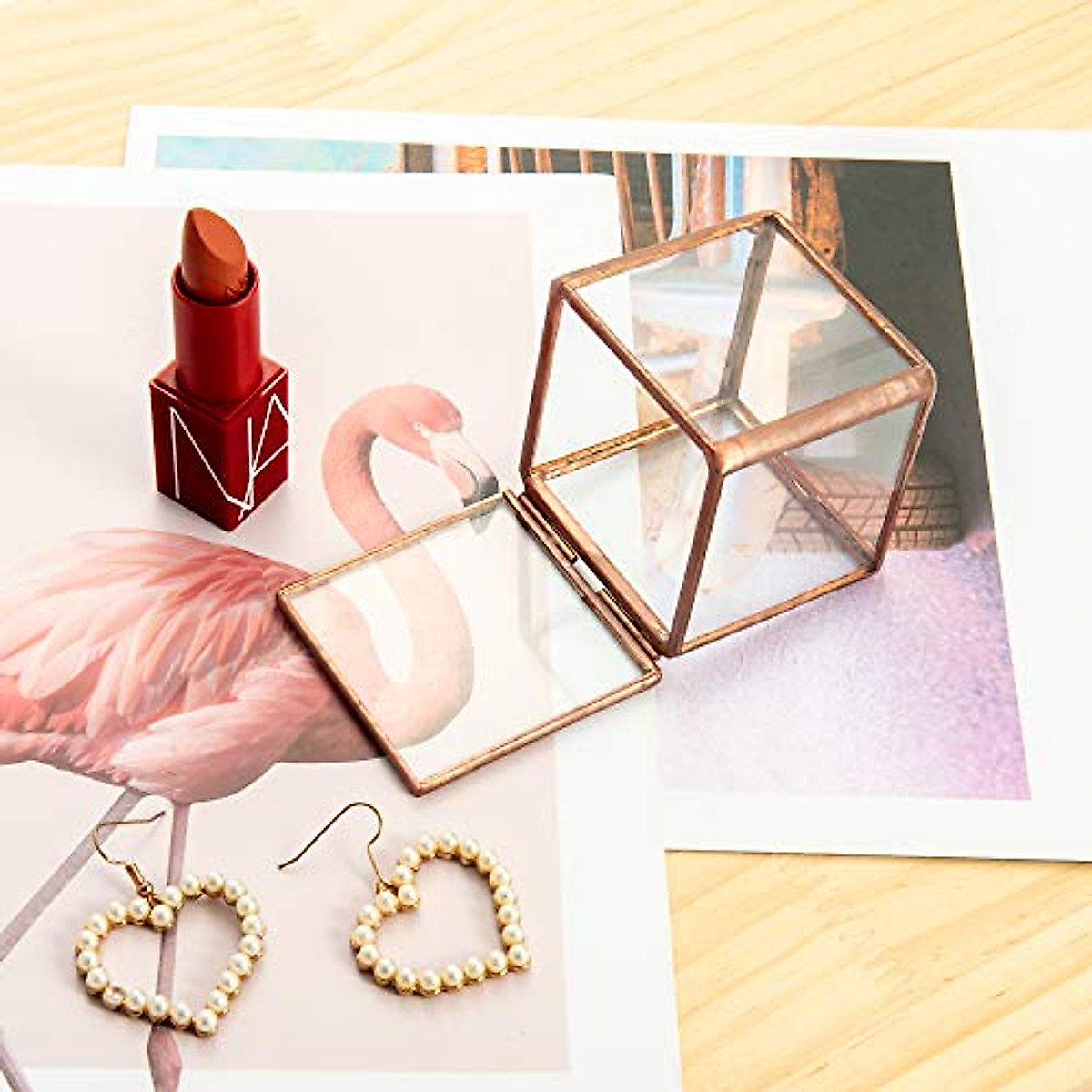 Feyarl Tiny Clear Glass Jewelry Trinket Box Ornate Rings Earrings Shadow Organizer Treasure Chest Decorative Keepsake Case with Lid for Wedding Birthday Gift (Brass)