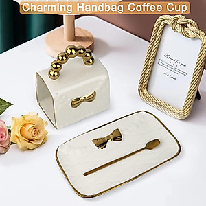 SISETOP Ceramic Handbag Shaped Coffee Mug, 10.5 OZ Creative Cute Mug with Saucer & Spoon, Purse Coffee Mug Set, Novelty Coffee Cup for Women, Girl, Home, Office, Gifts