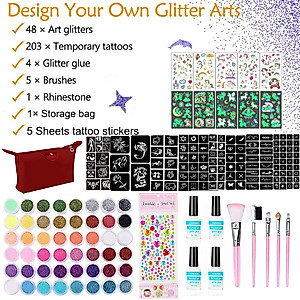Glitter Tattoos Kit 48 Colors Waterproof Temporary Tattoos with 203 Stencils, 5 Brushes 4 Glue, Body Nail Art, Body Glitter Festival Party (48 Colors)