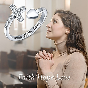 Yearace Cross Rings 925 Sterling Silver CZ Adjustable Faith Hope Love Cross Open Ring for Women Men Sideways Cross Christian Religious Stackable Ring- US Size 6