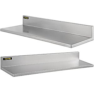 VEVOR Stainless Steel Wall Shelf, 8.6'' x 16'', Max. 44 lbs Load Capacity Heavy-Duty Commercial Wall-Mounted Shelving w/Backsplash for Restaurant, Home, Kitchen, Hotel, Bar, Laundry Room (2 Packs)