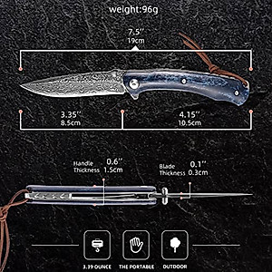 FXFSTEEL Damascus Pocket Knife, Handmade VG10 Damascus Steel Folding Knives with Liner Lock, Beef Bone Handle and Glass Breaker, EDC Damascus Knife for Men Women -Blue
