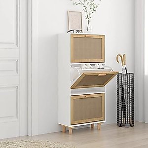 WEMYUFURN Shoe Cabinet Engineered Wood&Natural Rattan - Space-Saving Shoe Organizer - Shoe Rack for Closet, Entryway or Bedroom