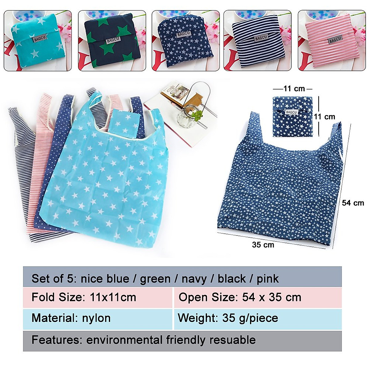 Bagcu Set of 5 Reusable Grocery Shopping Bag, Foldable Shopping Tote, Handy Shape Nylon Recycling Bags for Shopping, Buying Vegetables, Outdoor Travel, Camping, Hiking