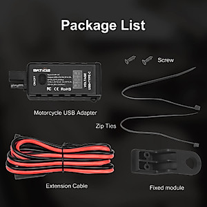 BATIGE Motorcycle USB Charger SAE to USB Adapter Type C and Quick Charge USB 3.0 with Voltmeter, ON/Off Switch and 3.6FT SAE Extension Cable Waterproof 3 Install Options for GPS Smartphone Camera
