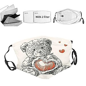 SARNFANS Cartoon Adult Reusable Face Mask,Bear Drawing Heart Belly,5-Ply Breathable Safety Unisex Adults Fashion Facial Face Masks for Women Men,Red Black White