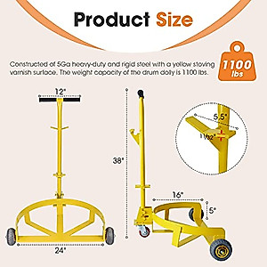 SDSNTE Heavy-Duty Steel 55 Gallon Drum Dolly for Moving Heavy Drums Easily with Removable and Versatile Handle, Weight Capacity 1100lbs, Yellow, Pack of 1