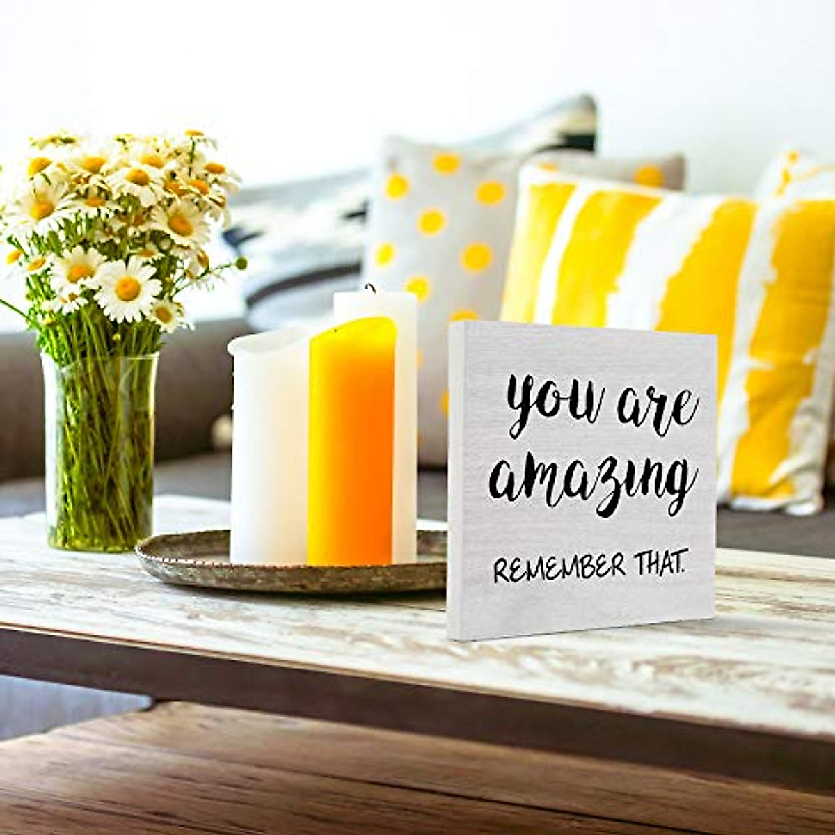 2 Pieces Wooden Inspirational Box Signs You Are Amazing Desk Home Decor Signs Rustic Positive Wood Plaque, One Small Positive Thought in the Morning Can Change Your Whole Day Sign, 5.25 Inch