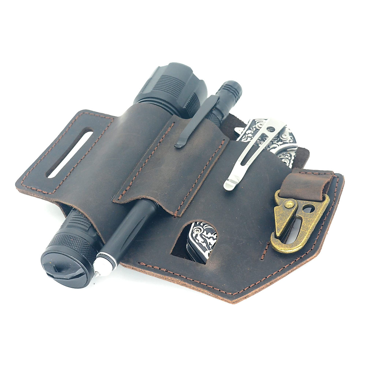 COLEAT Genuine Leather Multitool Sheath for Belt, Leather Man Sheath for Men, Leather EDC Pocket Organizer with Pen Holder, Flashlight Sheath, Keychain Clip, Knives Sheath Holster Dark Brown