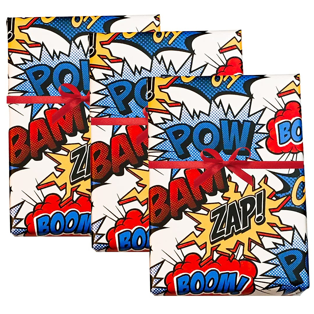 Celebrate Next SuperHero Bow Pow Gift Wrap Wrapping Paper Folded with Gift Tags