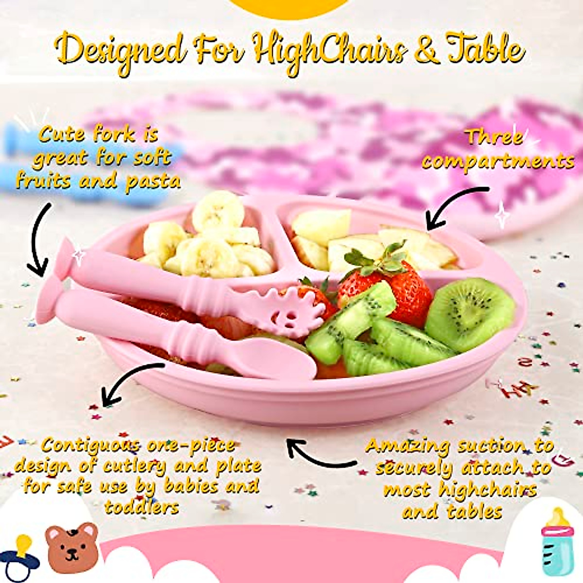 CHUPcheek Silicone Baby Feeding Set, Suction Plates for Baby, Adjustable Baby Bibs, Soft Spoon & Spork Suitable for Toddlers & Kids