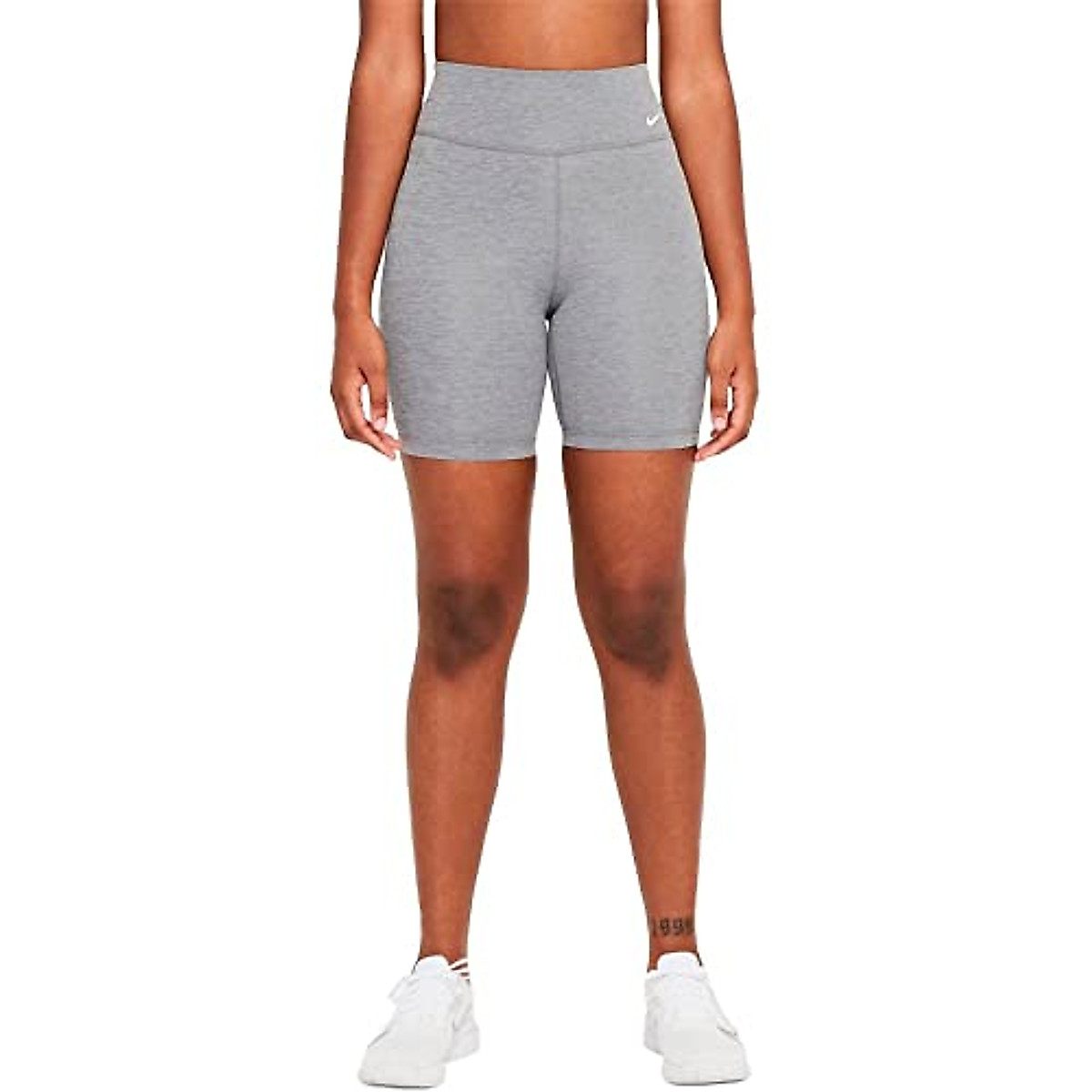 Nike Women's One Logo Mid-Rise Dri-Fit 7" Bike Shorts (as1, Alpha, m, Regular, Regular, Iron Grey/Heather/White, Medium)