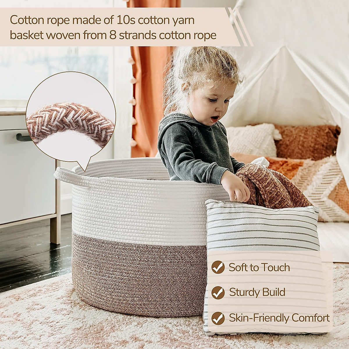 INDRESSME XXXLarge Cotton Rope Basket 21.7" x 21.7" x 13.8" Woven Baby Laundry Blanket Basket Toy Basket with Handle Storage Comforter Cushions Thread Laundry Hamper