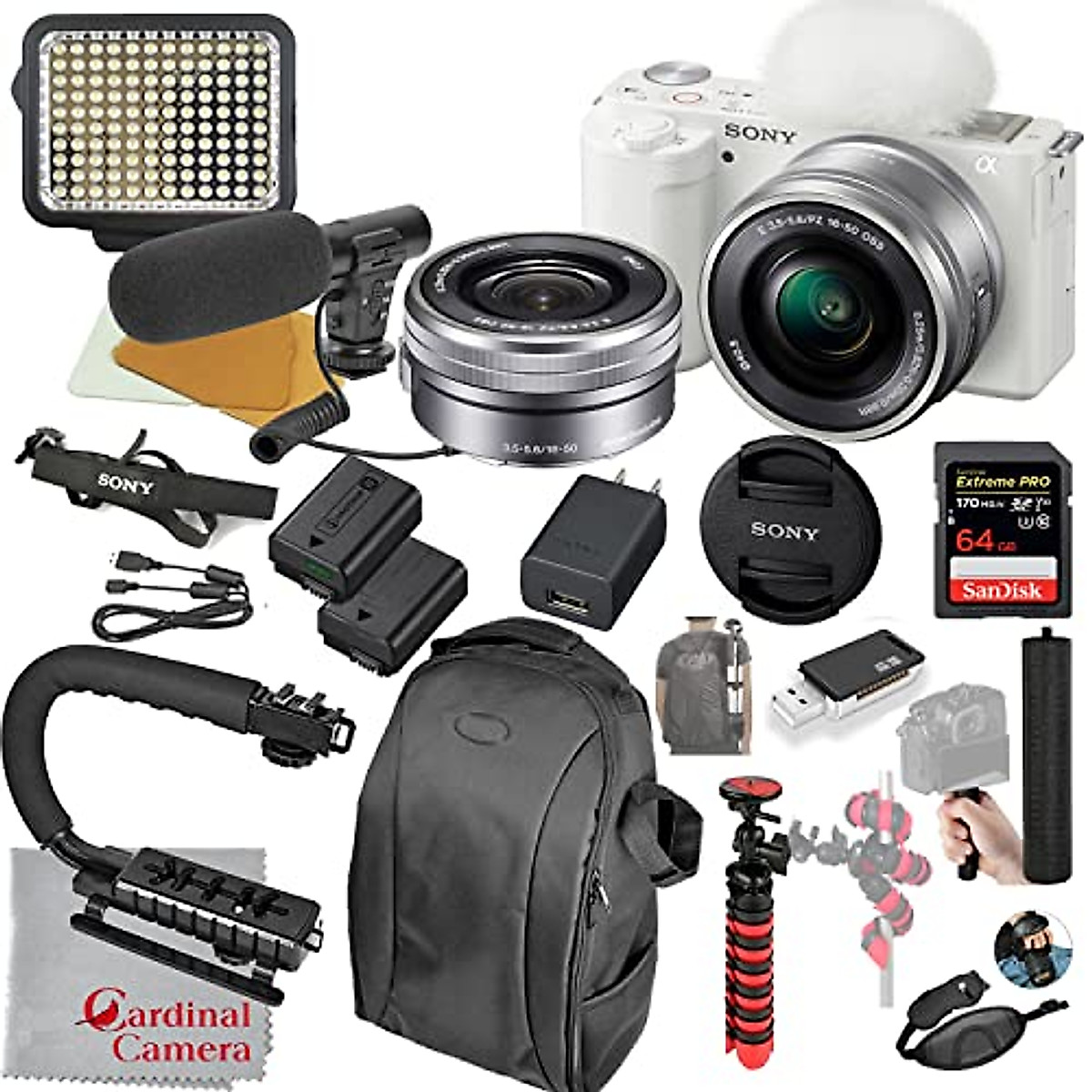 Sony ZV-E10 Mirrorless Camera with 16-50mm Lens (White) Video Bundle + LED Video Light + Microphone + Extreme Speed 64GB Memory(21pc Bundle), ILCZV-E10L/W