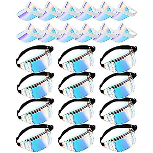 Jeyiour 24 Pcs Holographic Fanny Packs Bulk and Sun Visor Set 12 Sun Visor Hat Colored Beach Golf Cap 12 Metallic Color Fanny Packs PVC Clear Waist Bag for Women Sports Wedding Bachelorette Party Gift