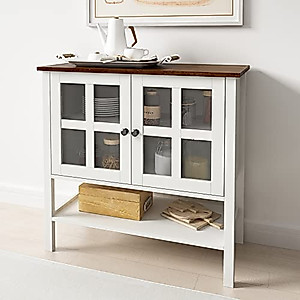 Spirich Home Sideboard Buffet Cabinet, Kitchen Storage Cabinet with 2 Glass Doors and Adjustable Shelf, Wood Cupboard Console Table for Dining Room White
