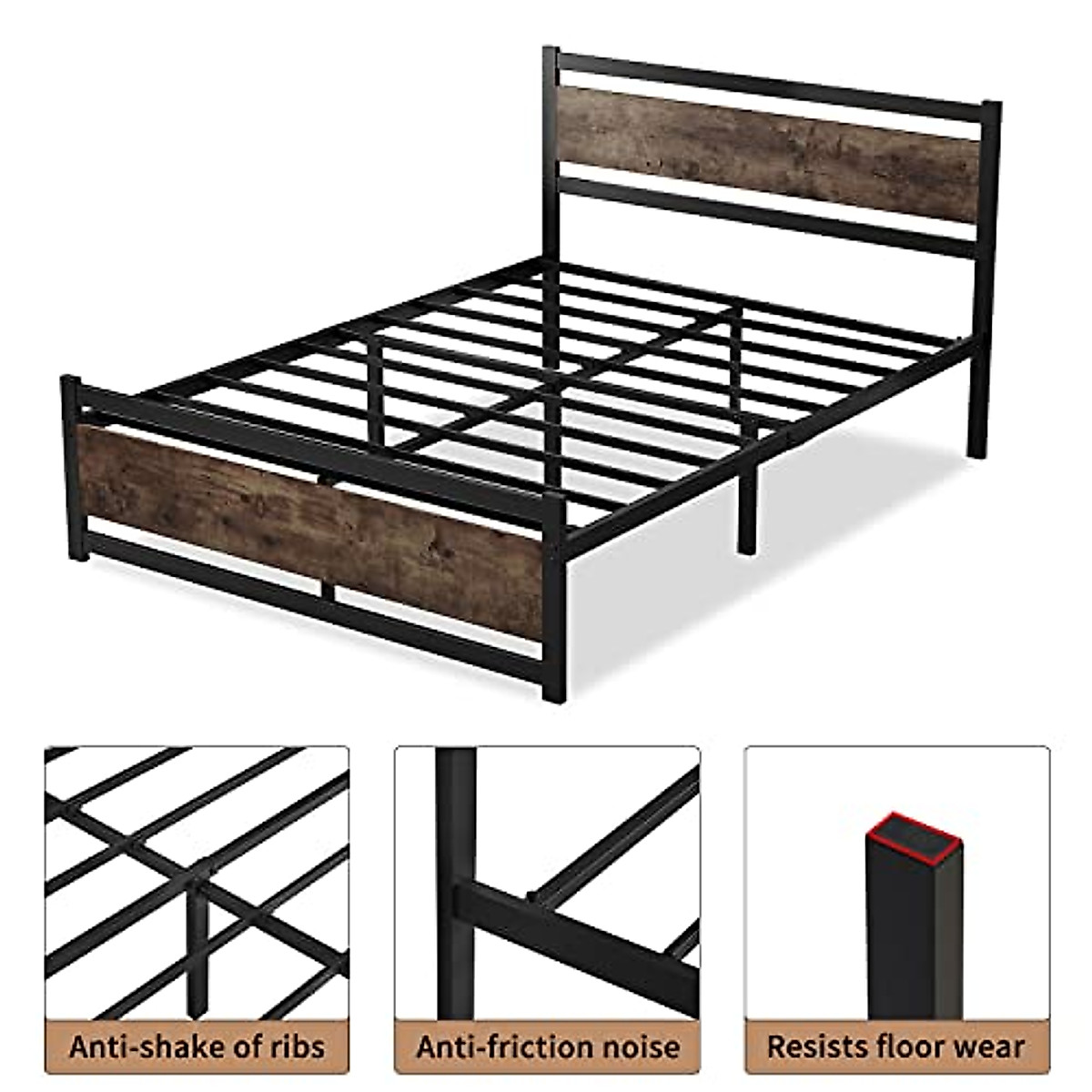 EKRISON King Size Bed Frame with Wooden Headboard, No Box Spring Needed, Heavy Duty Metal Bed Frame, Strong Slat Support, Mattress Foundation, Twin XL/Queen/King (King)