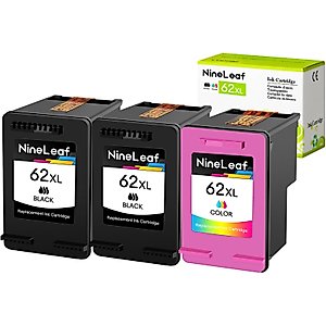NineLeaf 3 Pack Remanufactured Ink Cartridge Replacement for HP 62XL 62 XL use in Envy 5540 5640 5660 7644 7645 OfficeJet 5740 8040 OfficeJet 200 250 Series Inkjet Printer（2 Black 1 Tri-Color