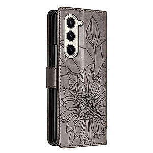 SATURCASE Case for Samsung Galaxy Z Fold 5, Sunflower Embossing PU Leather Flip Magnet Wallet Card Slots Protective Cover for Samsung Galaxy Z Fold 5 (HE-Gray)