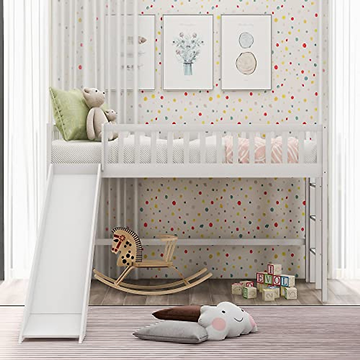 Harper & Bright Designs Twin Size Low Loft Bed Frame with Ladder and Slide for Kids,White