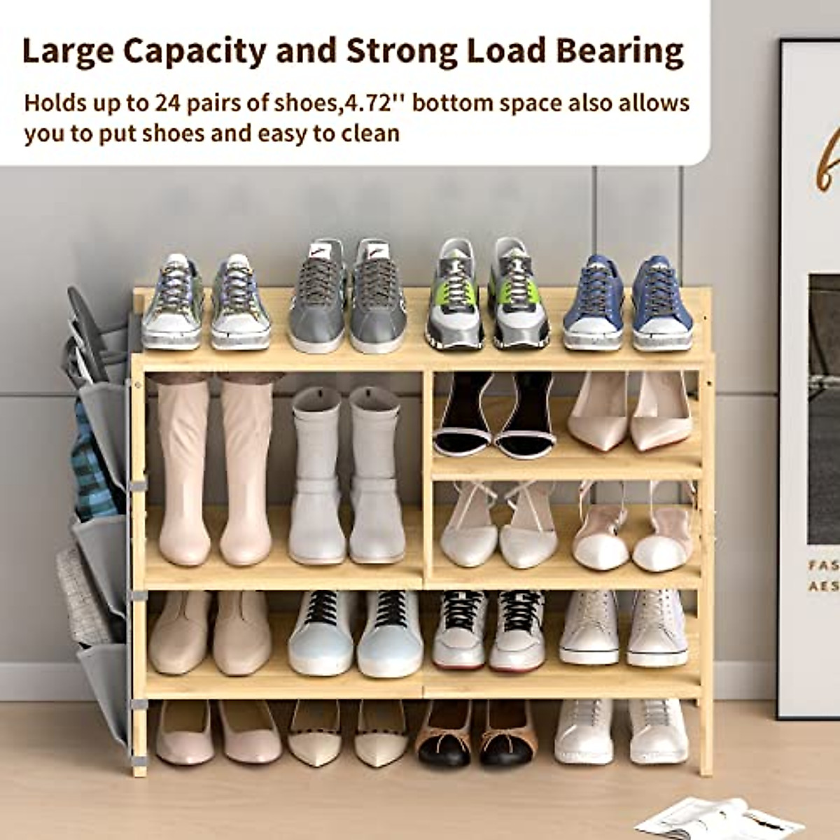 CozyBath Bamboo Shoe Rack, 4 Tiers Shoe Organizer for Closet, Sturdy Boots Shoes Storage for 20-24 Pairs, FreeStanding Shoe Shelf with Removable Pocket for Entryway Bedroom Front Door