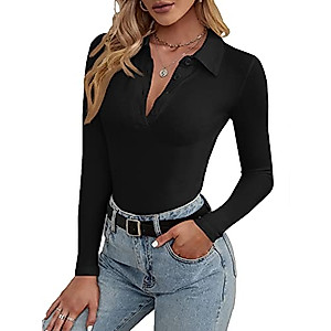 Verdusa Women's Casual Polo Neck Long Sleeve Ribbed Knit Button Up Tee T Shirt Top Black S