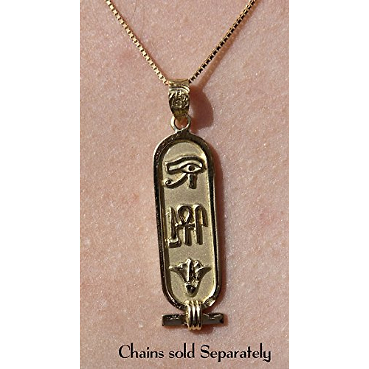 Discoveries Egyptian Imports - Handmade 14K Gold Cartouche with Health, Life and Happiness Translated into Hieroglyphic Symbols - 1-Sided Solid Style - Made in Egypt