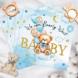 100 Pcs We Can Bearly Wait Baby Shower Napkins, Baby Shower Decorations for Boy, Bear Favors Napkins Cocktail Dessert Disposable Napkin Paper for Boy or Girl Gender Reveal Party Supplies (Blue Gold)